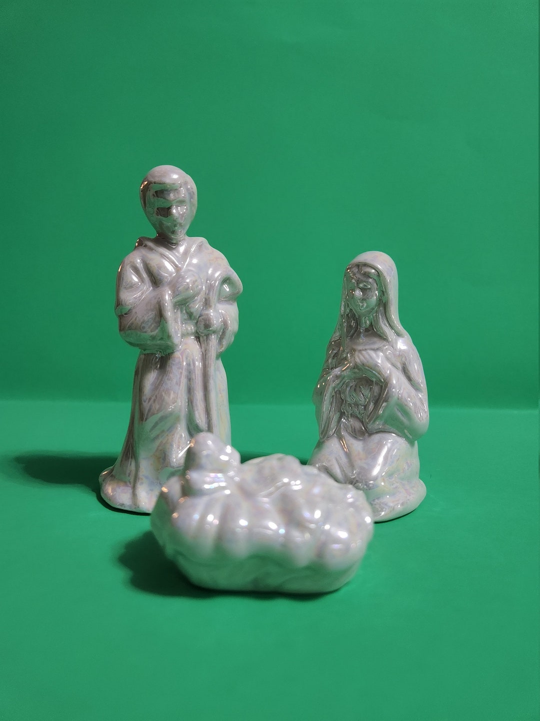 White Ceramic Iridescent Nativity Scene With Mary, Joseph and Baby ...