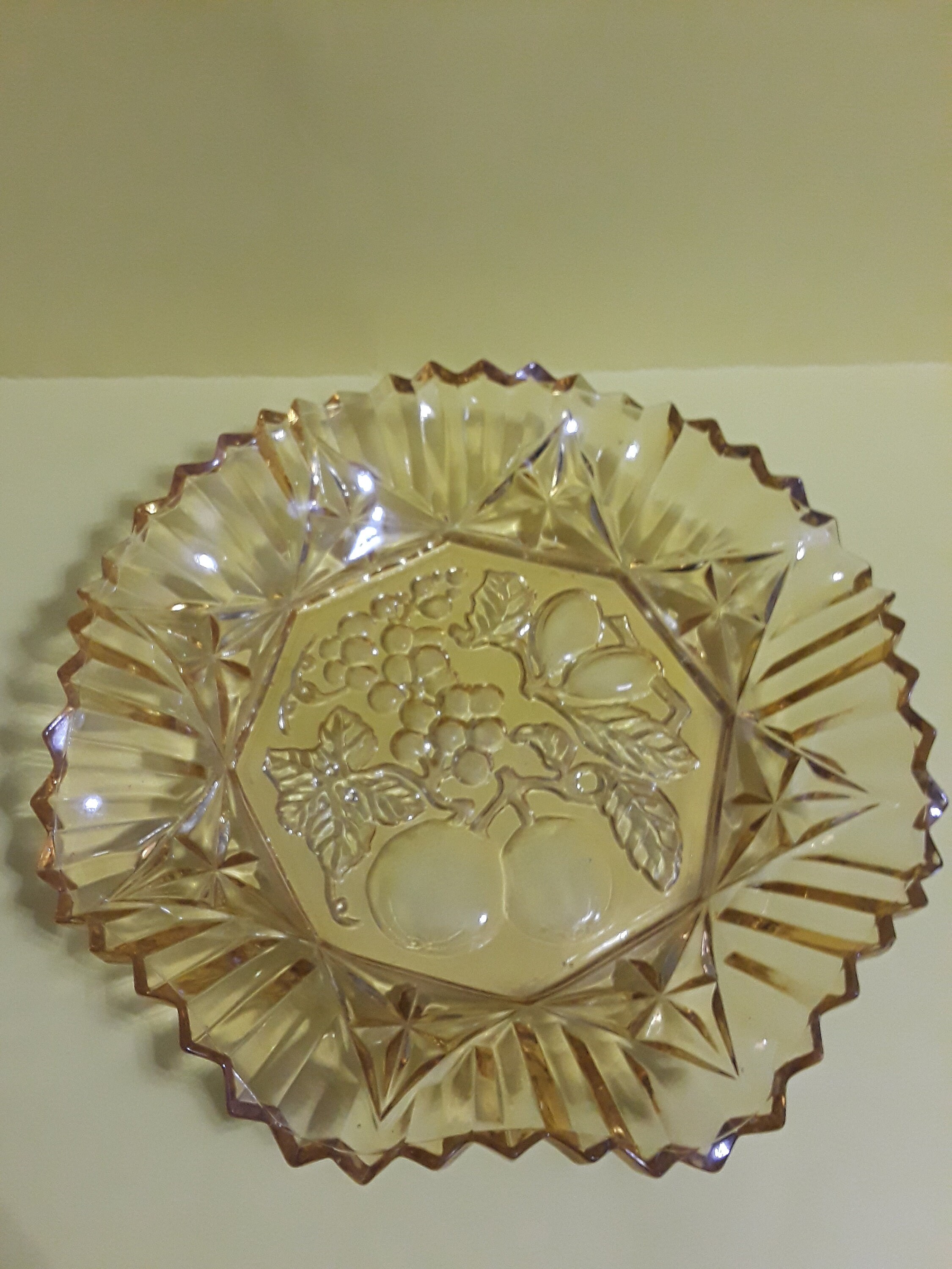 Vintage Yellow Glass Bowl With Fruit Motif In The Center And Sawtooth Edging Crystal Look Free