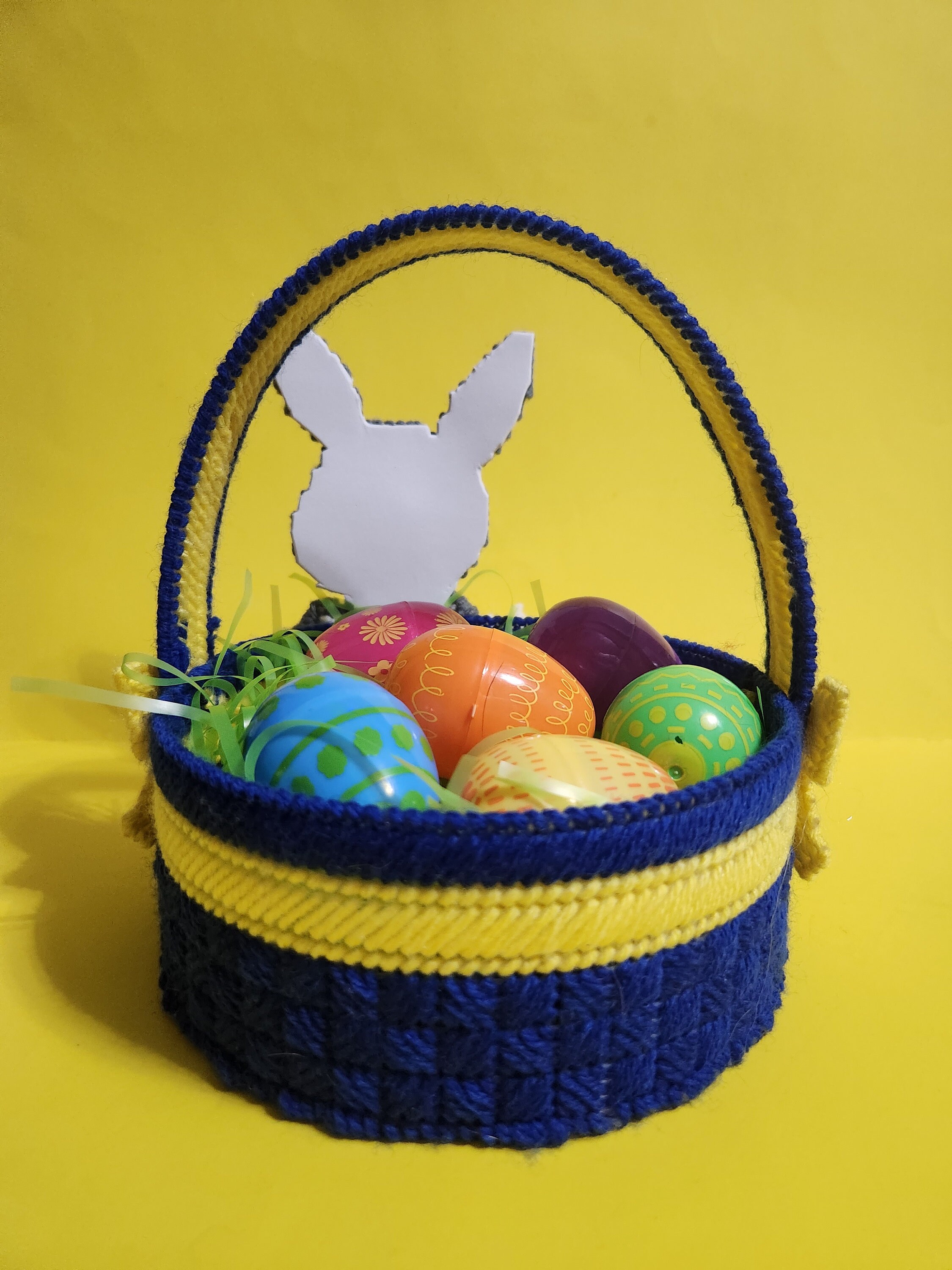 Finished Plastic Canvas Easter Basket W/white Bunny and Colorful Eggs ...