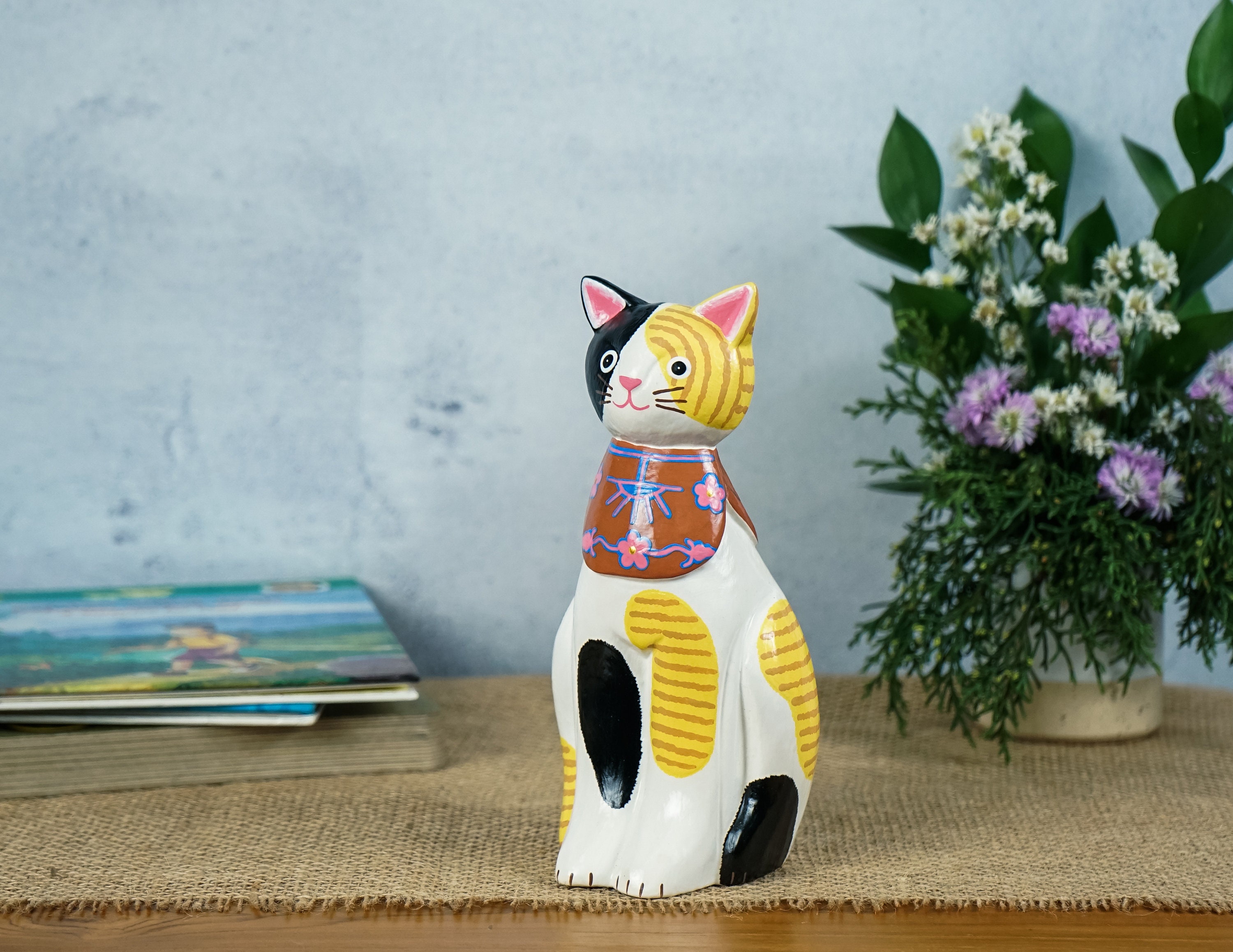 Hand Painted Cat Figurine, Wooden Cat, Colorfull Cat, Animal Ornaments ...