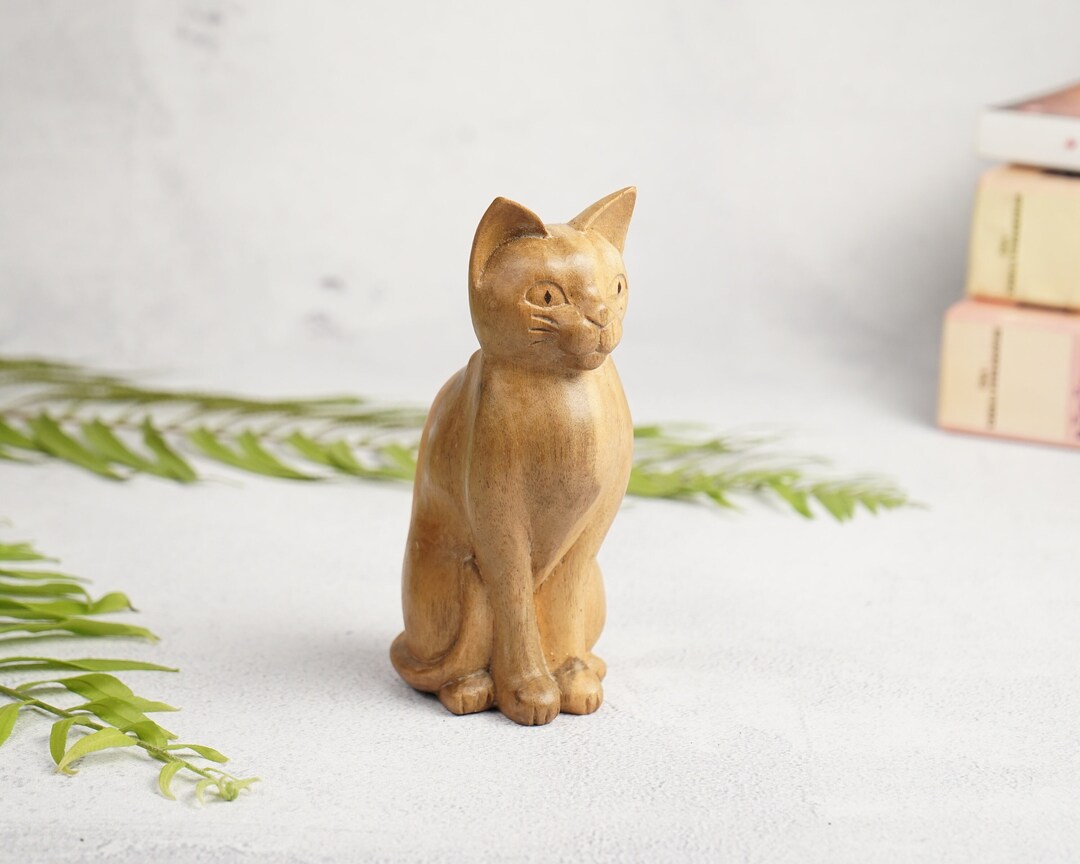 Wooden Cat Statue, Wood Carving, Cat Sculpture, Handcrafted, Tabletop ...