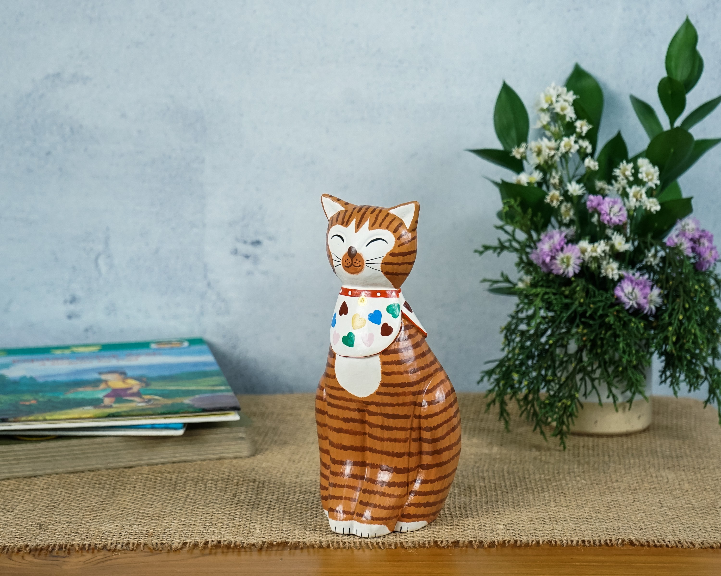 Hand Painted Cat Figurine, Wooden Cat, Colorfull Cat, Animal Ornaments ...