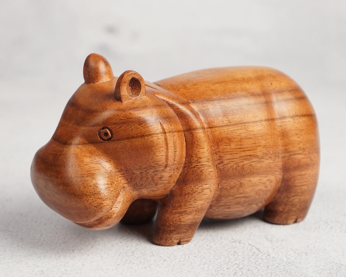 Wooden Hippo Statue, Hand Carved Statue, Miniature, Wood Carving ...
