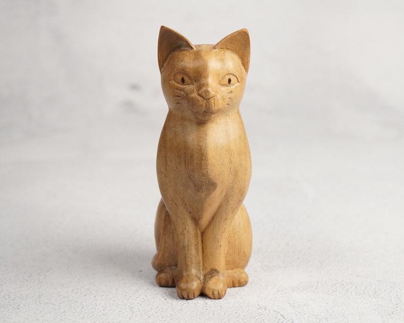 Wooden Cat Statue, Wood Carving, Cat Sculpture, Handcrafted, Tabletop ...