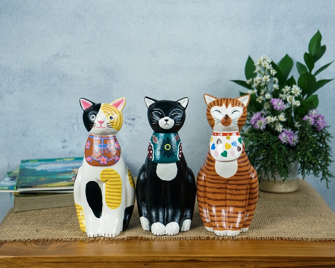 Hand Painted Cat Figurine, Wooden Cat, Colorfull Cat, Animal Ornaments ...