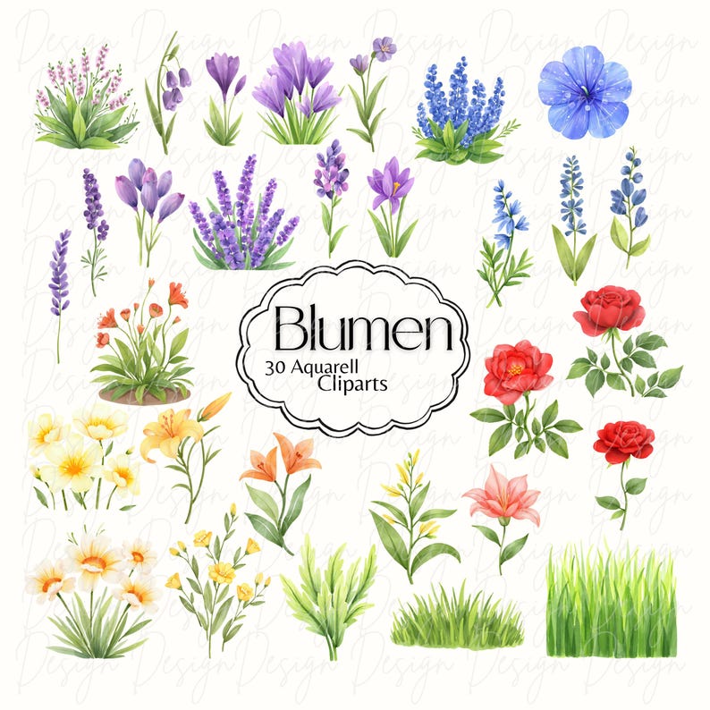 30 Flower Clipart Bundle, Watercolor Flower Clipart, Instant Download ...