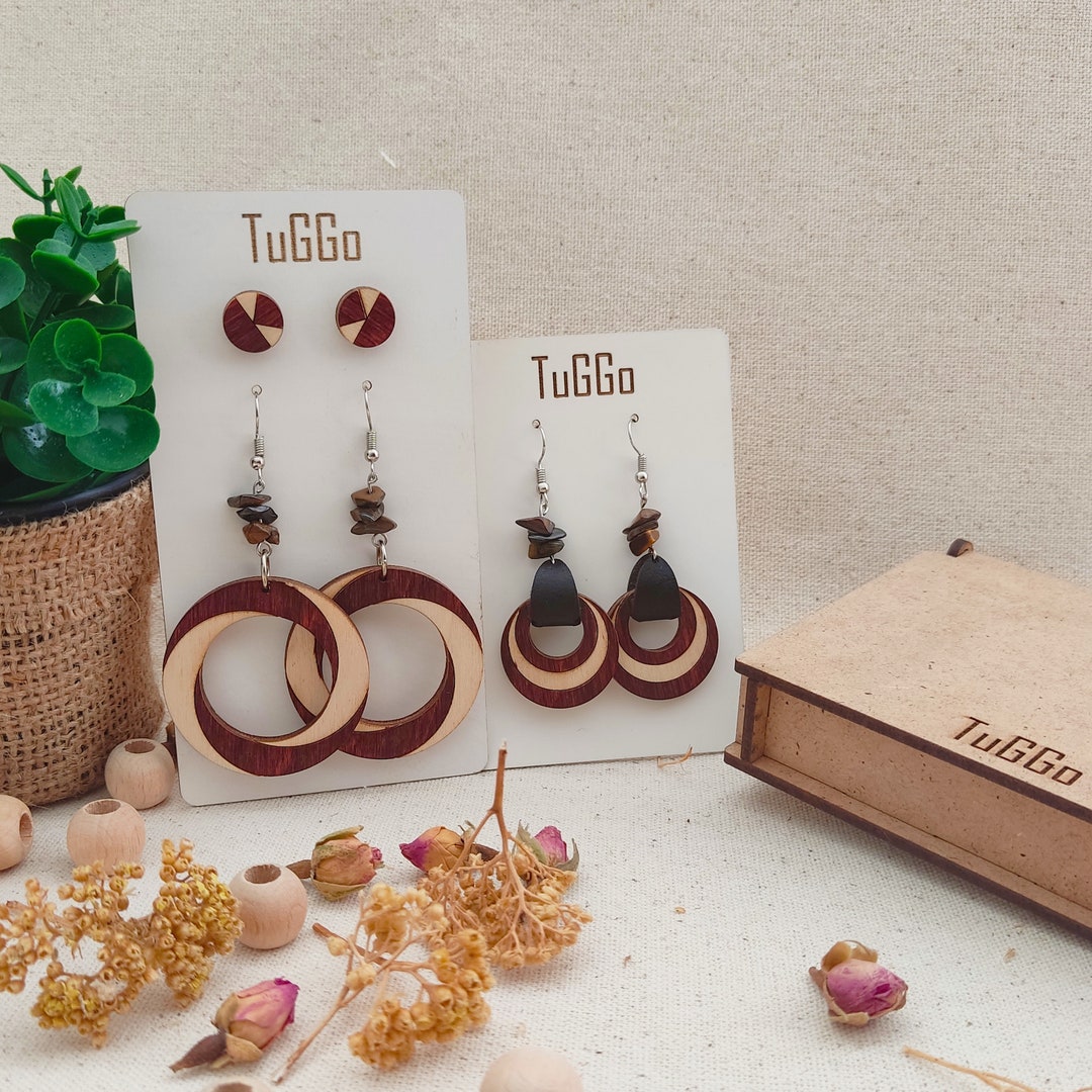 Spiral Wood Earrings Set With Tiger Eye and Leather, Boho Dangle ...