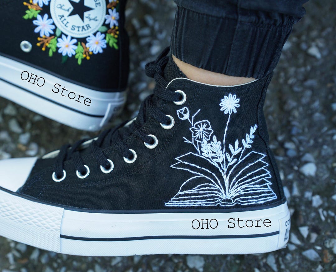 Embroidered Converse High Top Sneakers: Flowers and Book Design - Etsy