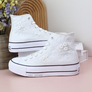 Custom Wedding Converse Platform: White Floral Embroidered Sneakers - Etsy