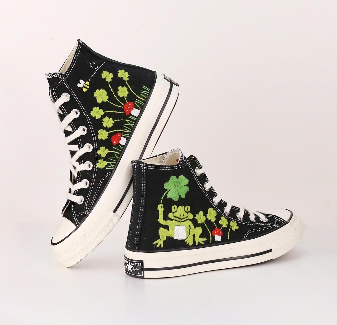 Embroidered Converse Mushroom, Green Frog, Converse Embroidery Mushroom ...