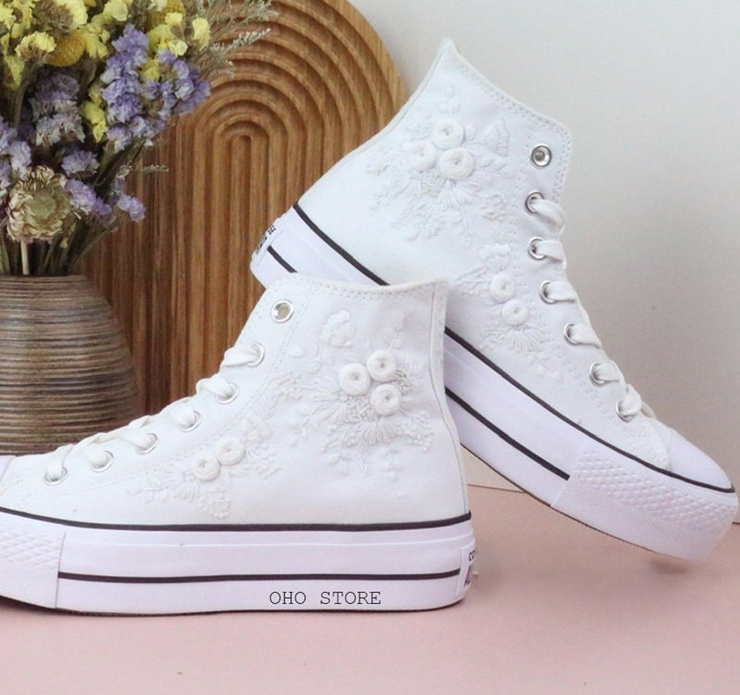 Custom Wedding Converse Platform: White Floral Embroidered Sneakers - Etsy