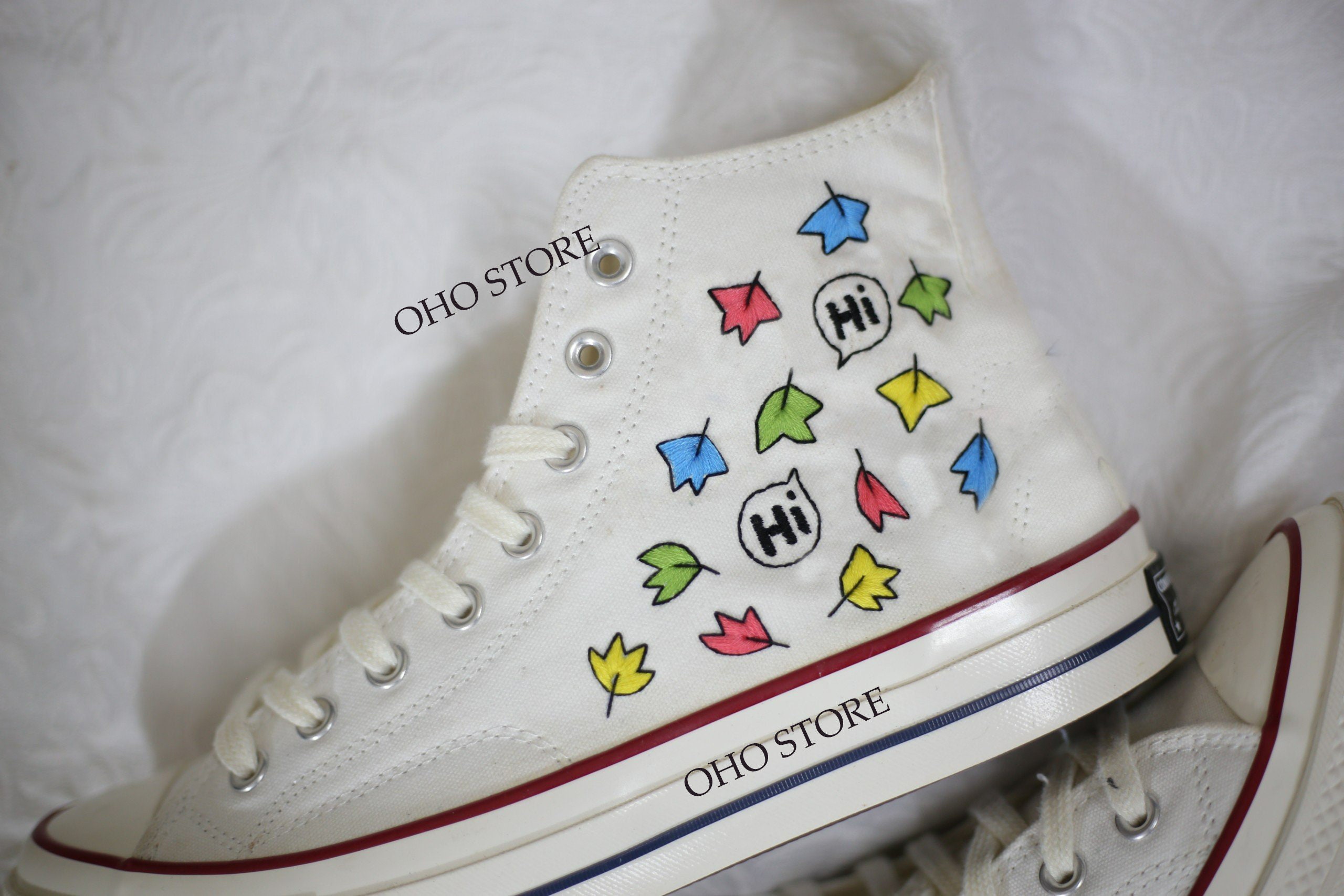 Custom Embroidered Converse High Tops: Colorful Leaf Design - Etsy