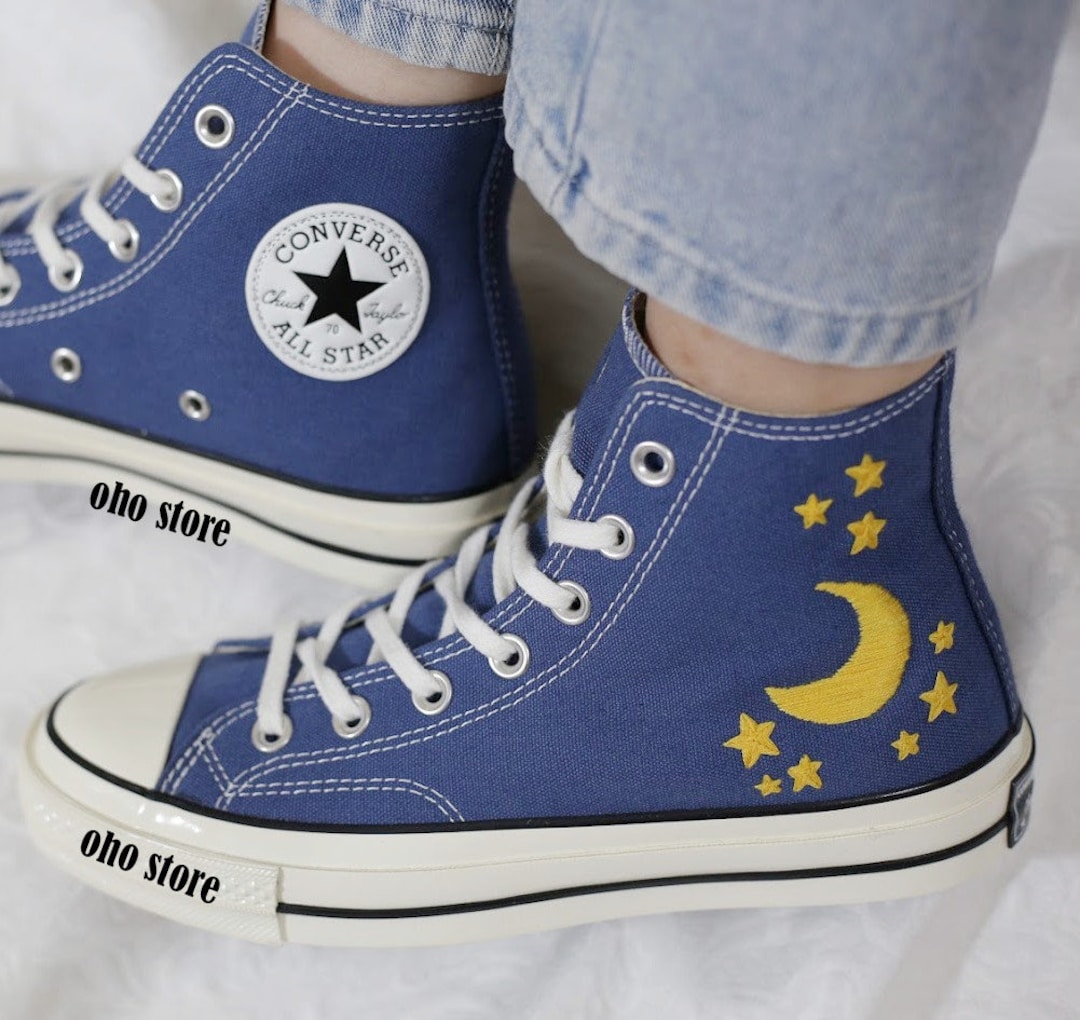 Custom Embroidered Converse: Star & Moon Navy High Tops - Etsy