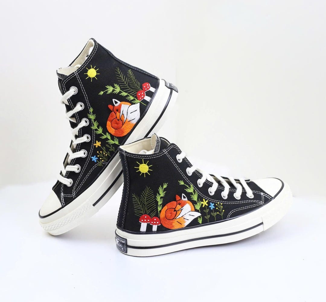Embroidered Converse, Custom Fox and Mushroom Sneakers, Converse High ...
