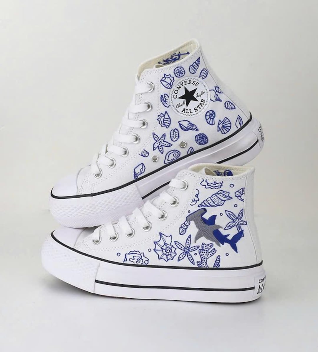 Embroidered Converse Sneakers: Hammerhead & Whale Shark, Ocean Theme - Etsy