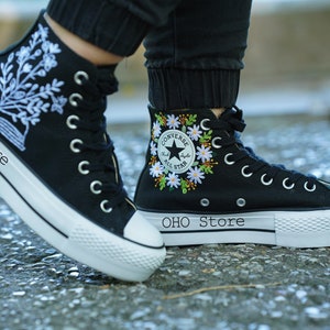 Custom Embroidery Converse Platform Shoes/embroidered Flowers and Books ...
