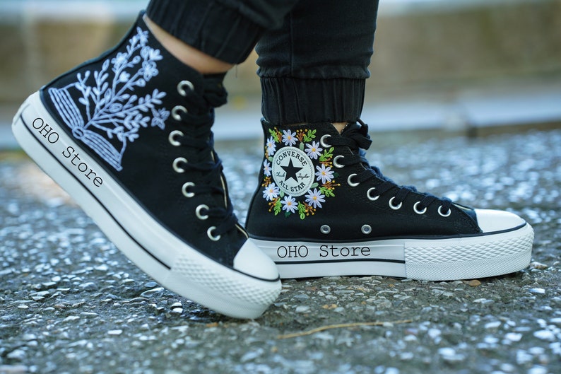 Embroidered Converse High Top Sneakers: Flowers and Book Design - Etsy