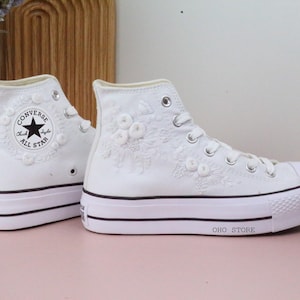 Custom Wedding Converse Platform: White Floral Embroidered Sneakers - Etsy