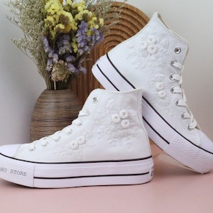 Custom Wedding Converse Platform: White Floral Embroidered Sneakers - Etsy