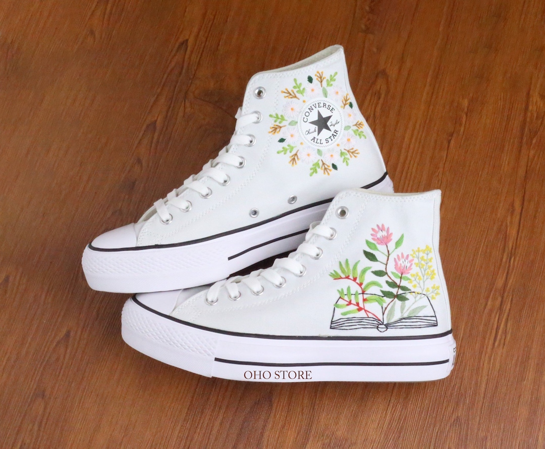 Custom Embroidered Converse Platform High Tops: Floral Book Sneakers - Etsy
