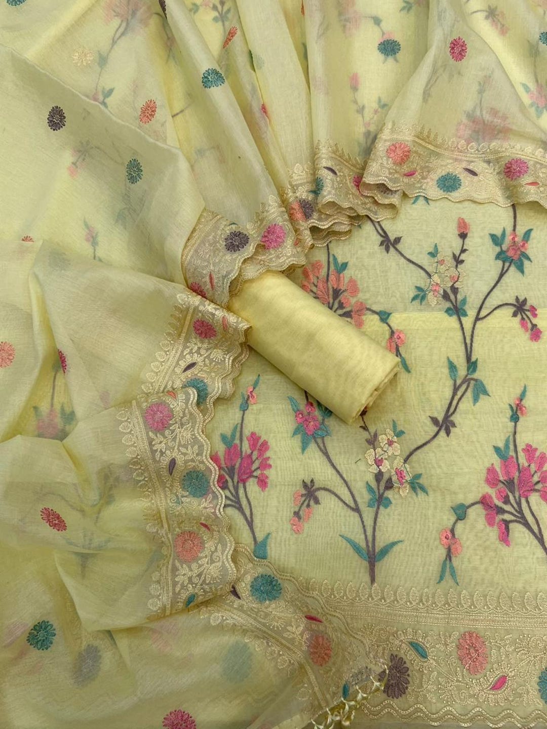 Pure Mal Chanderi Jamdani Embroidery Cutwork Suit Material | Suit ...