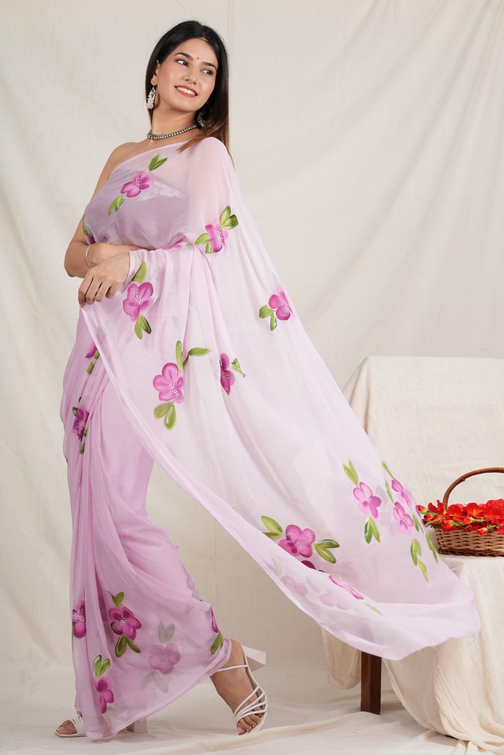 Pure Chiffon Hand Painted Floral Saree Chiffon Saree Light Weight Saree ...