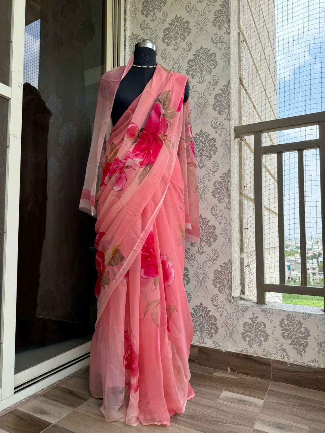 Pure Diamond Chiffon Floral Design Saree Chiffon Pink Saree Light ...