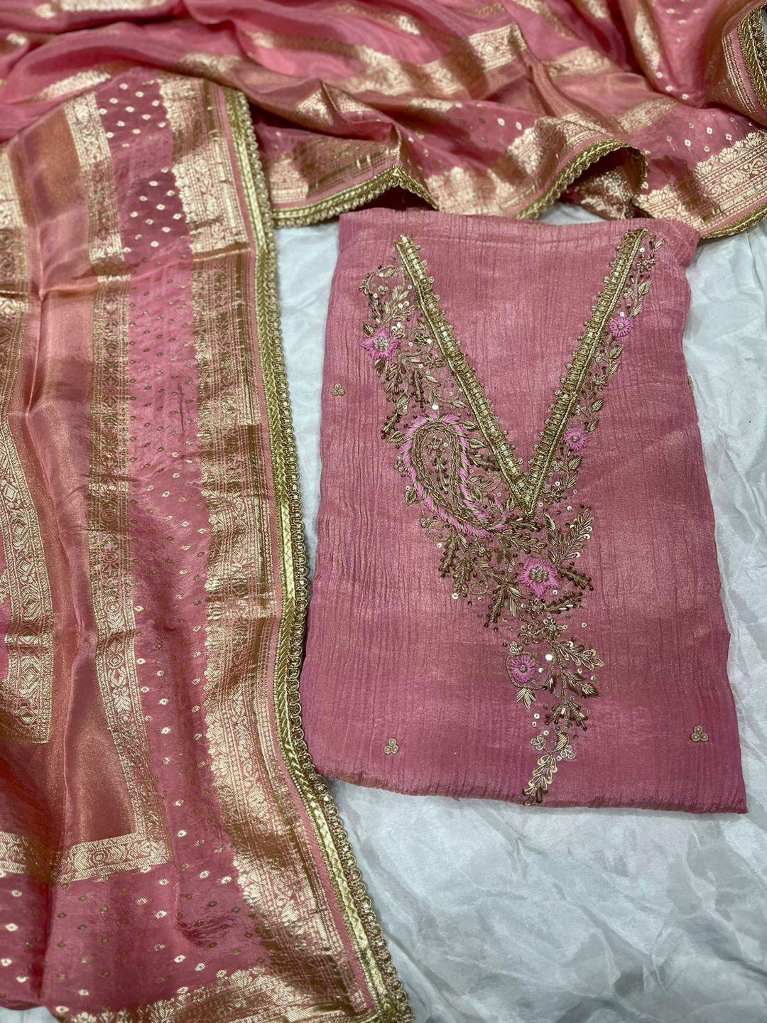 Crush Tissue Suit Material With Zardozi Hand Work | Dress Material ...