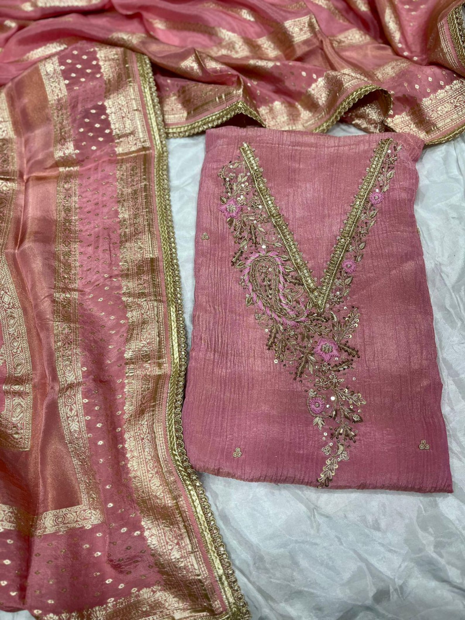 Crush Tissue Suit Material With Zardozi Hand Work | Dress Material ...