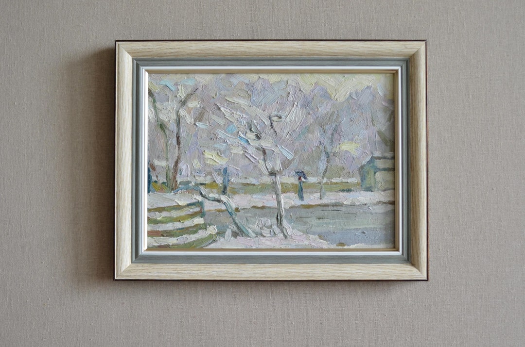 Framed Landscape Oil Painting. Impressionistic Winter Landscape With ...