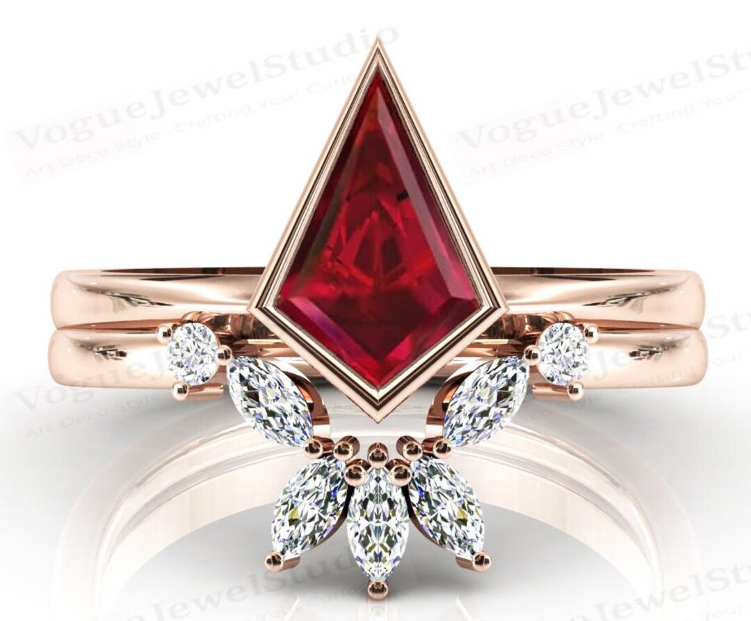 Art Deco Ruby Engagement Ring Set Kite Shaped Ruby Antique Wedding Ring ...