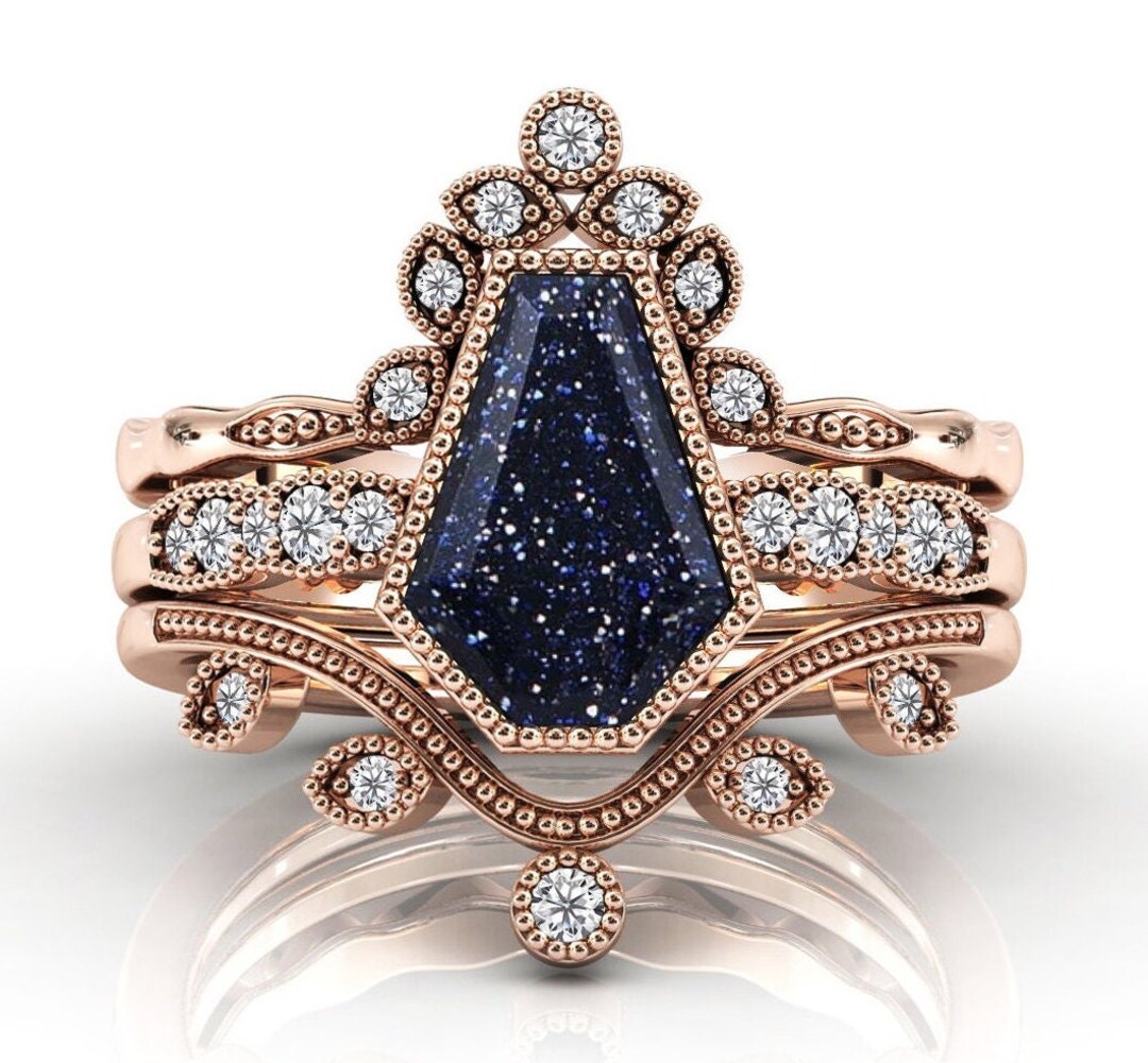 14k Gold Blue Sandstone Engagement Ring Set for Women Coffin Shaped ...