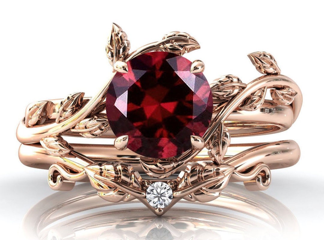 Antique Red Garnet Engagement Ring Set for Women Art Deco Leaf Design ...
