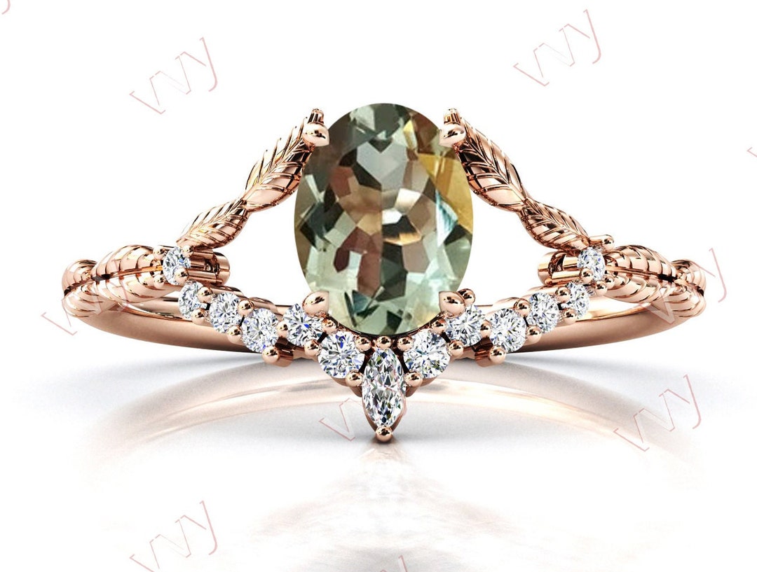 Antique Green Amethyst Engagement Ring Oval Cut Green Amethyst Wedding ...