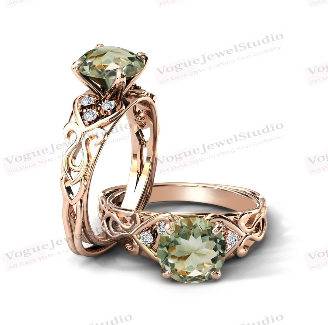 14k Gold Green Amethyst Engagement Ring for Her Art Deco Green Amethyst ...