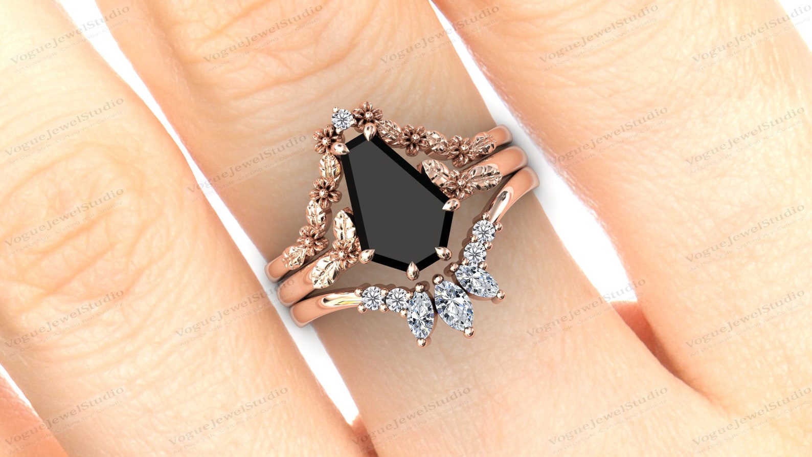 Art Deco Floral Coffin Shaped Black Gemstone Ring Set Vintage Black Onyx Engagement Ring Set 925 ...