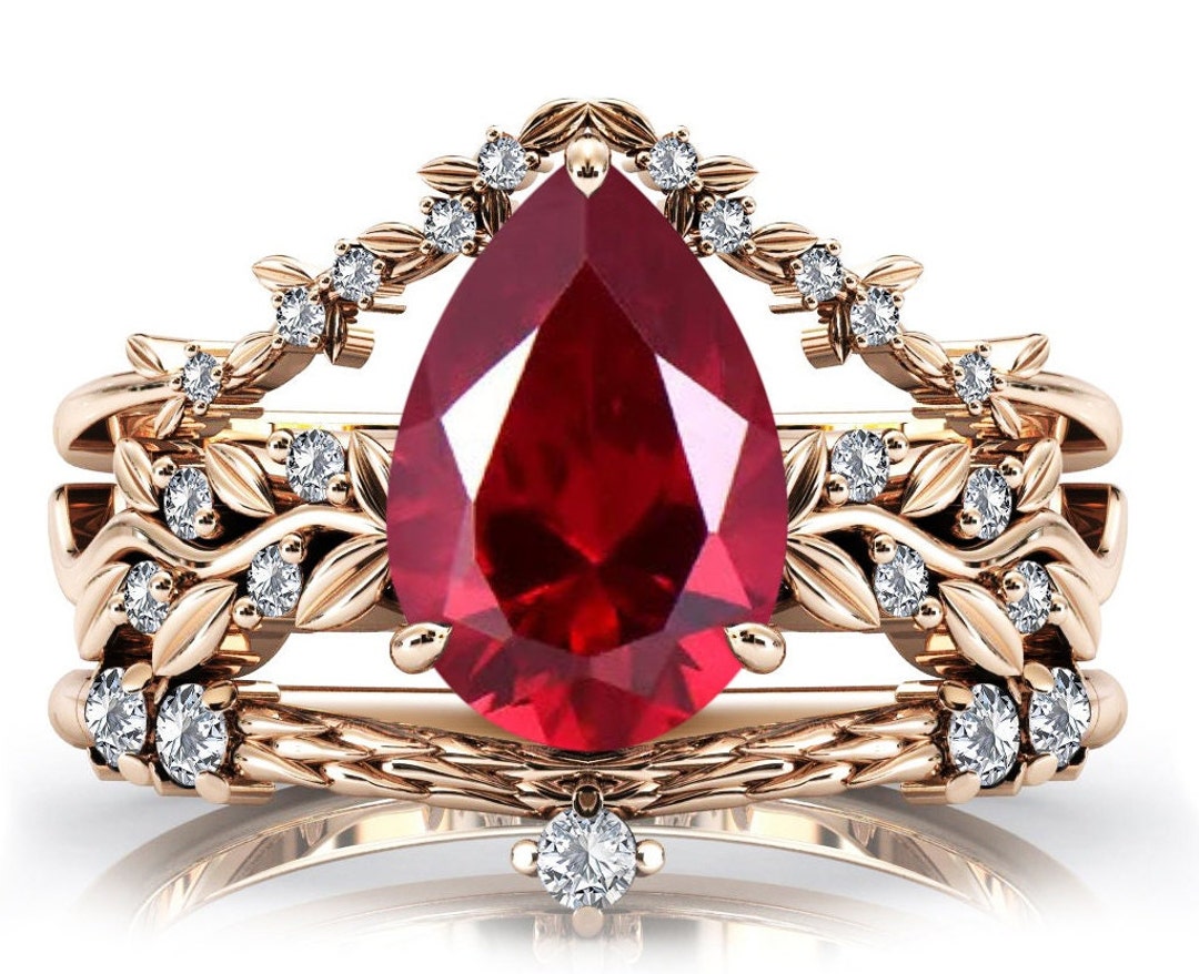 Vine Leaf Design Ruby Engagement Ring Set Pear Shaped Red Ruby 3 Piece ...