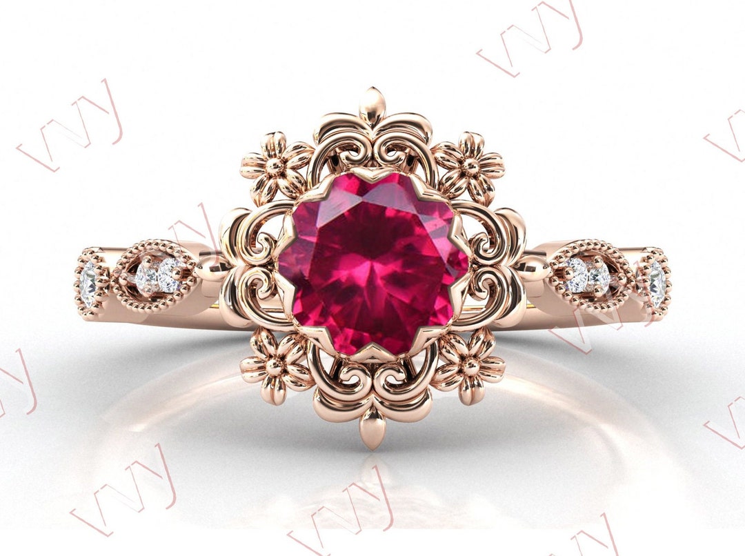 Antique Ruby Engagement Ring 14k Gold Ruby Floral Wedding Ring Filigree Style Engagement Ring ...