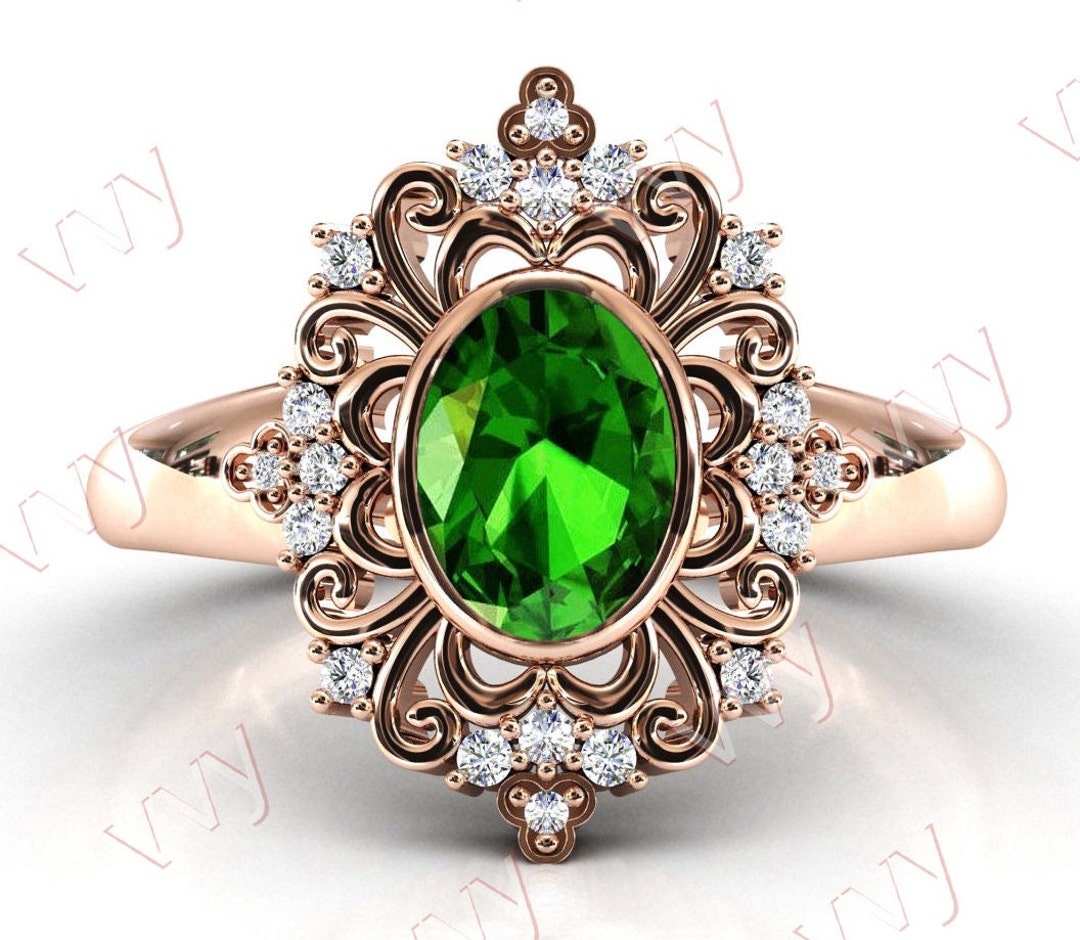 Green Tsavorite Garnet Engagement Ring Art Deco Filigree Bridal Ring ...