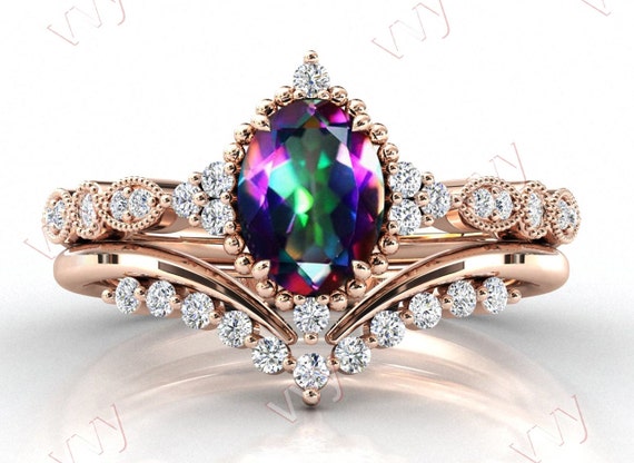 Antique Mystic Topaz Engagement Ring Set Oval Cut Mystic Topaz - Etsy