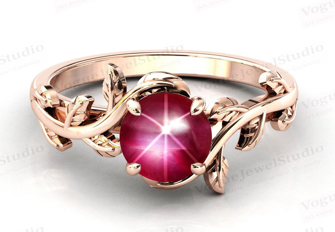 Art Deco Ruby Star Wedding Ring for Women 14k Rose Gold Ruby Star ...