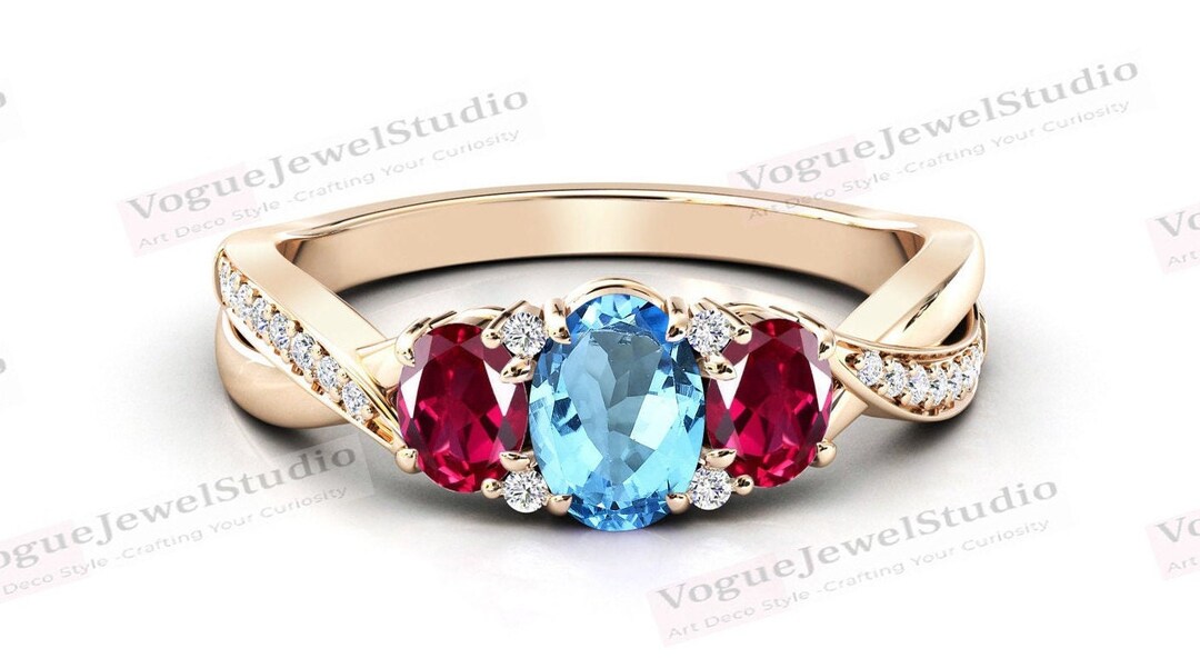 14k Gold Sky Blue Topaz Wedding Ring for Women Art Deco Red Ruby ...