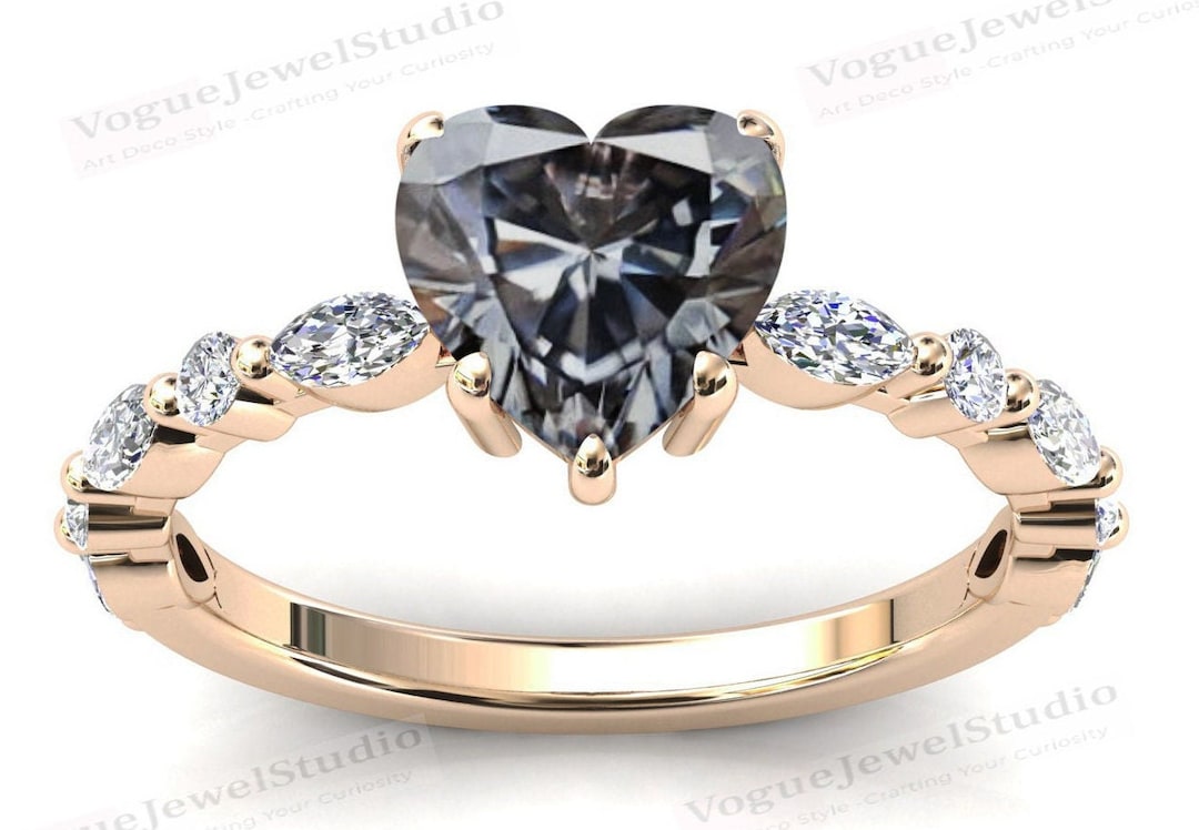 Heart Shape Grey Spinel Engagement Ring 14k Gold Grey Gemstone Wedding ...
