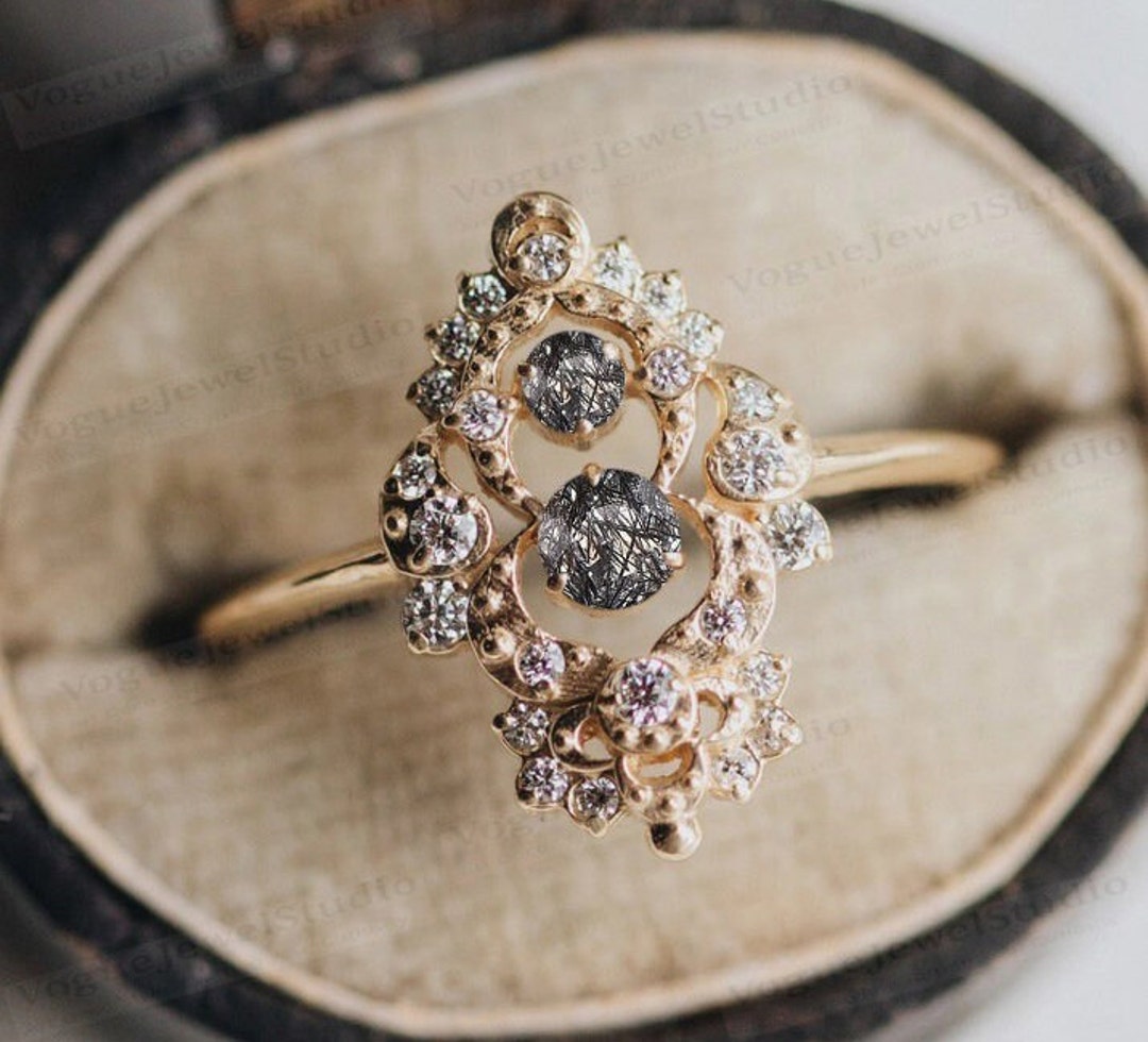 Black Rutilated Quartz Engagement Ring for Women 14k Rose Gold Rutile ...