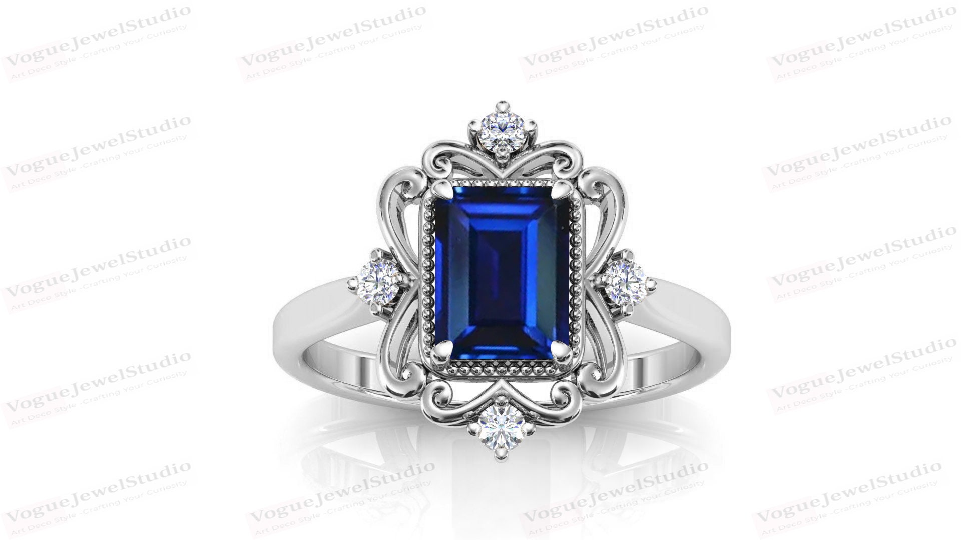 Unique Blue Sapphire Engagement Ring for Women Emerald Cut - Etsy