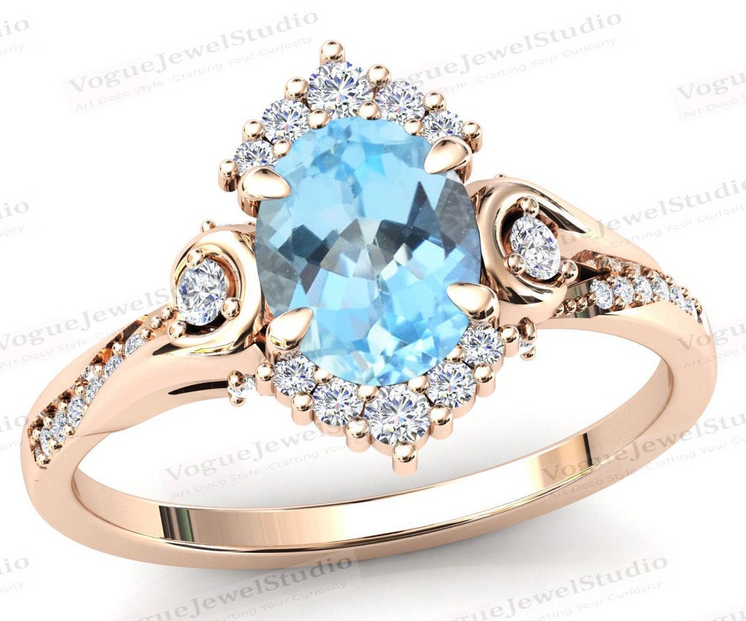 Art Deco Sky Blue Topaz Engagement Ring 14k Gold Sky Blue Topaz Wedding Ring for Women Antique ...