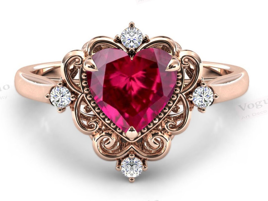 Art Deco Heart Shaped Ruby Engagement Ring Antique Filigree Design Ruby ...