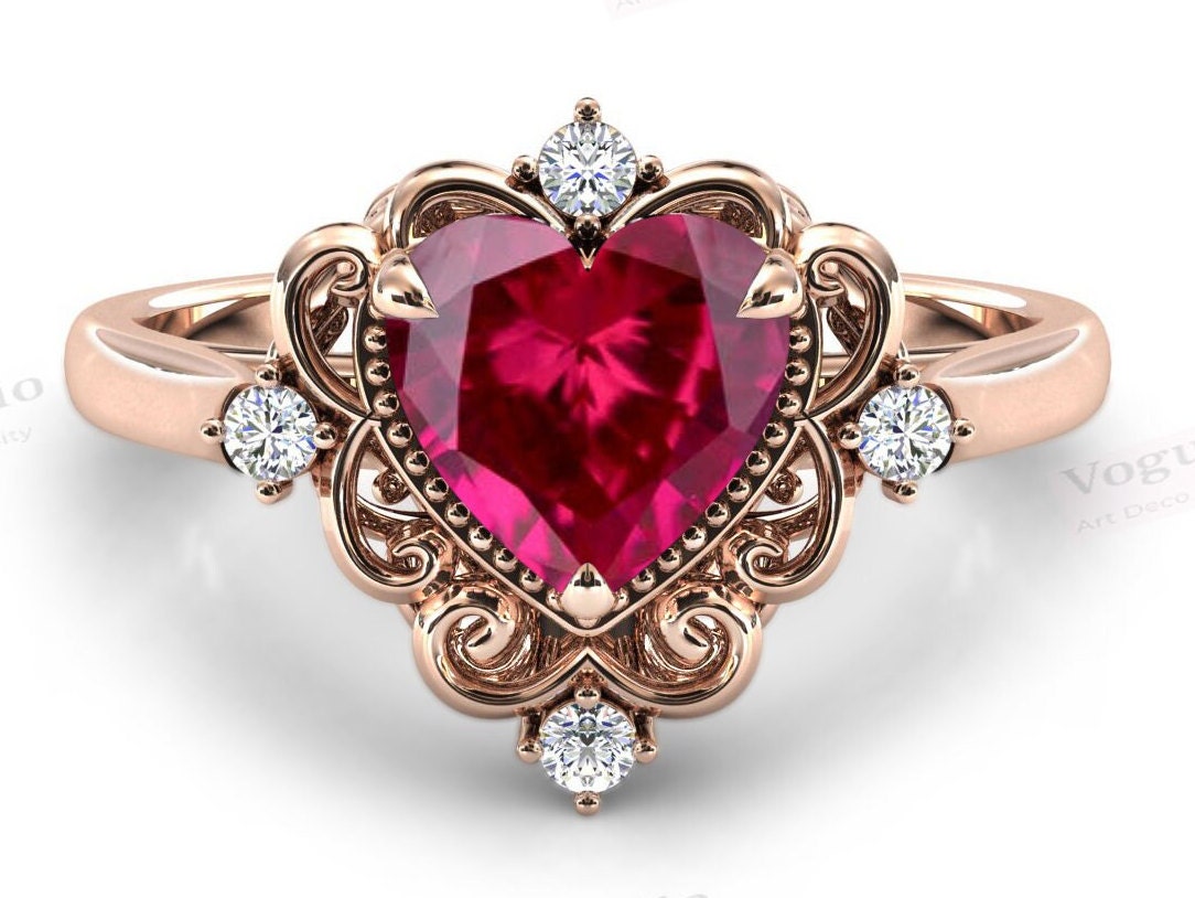 Art Deco Heart Shaped Ruby Engagement Ring Antique Filigree - Etsy