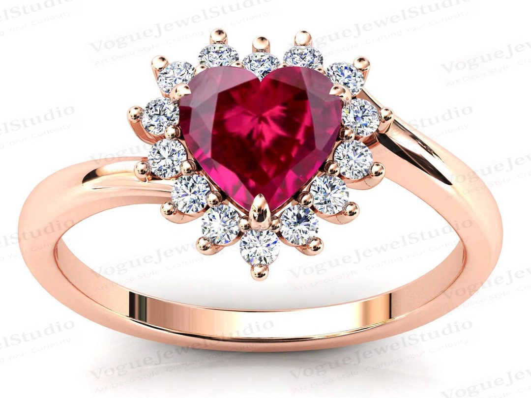 Heart Shape Red Ruby Engagement Ring 14k Gold Ruby Halo Wedding Ring ...