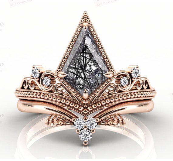 Black Rutilated Quartz Engagement Ring Set Kite Shaped Rutile - Etsy